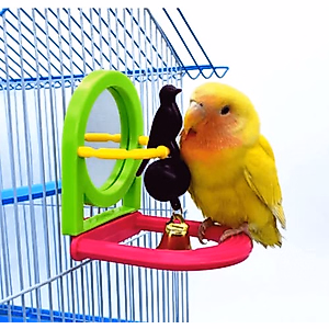 Bird Mirror for Cage, Bird Mirror Toy with Paddle Wheels and Perch, Bird Hanging Training Toys for Cage, Parrot Foraging Toys, Bird Interactive Intelligence Toy Random Color (Bird Clock)