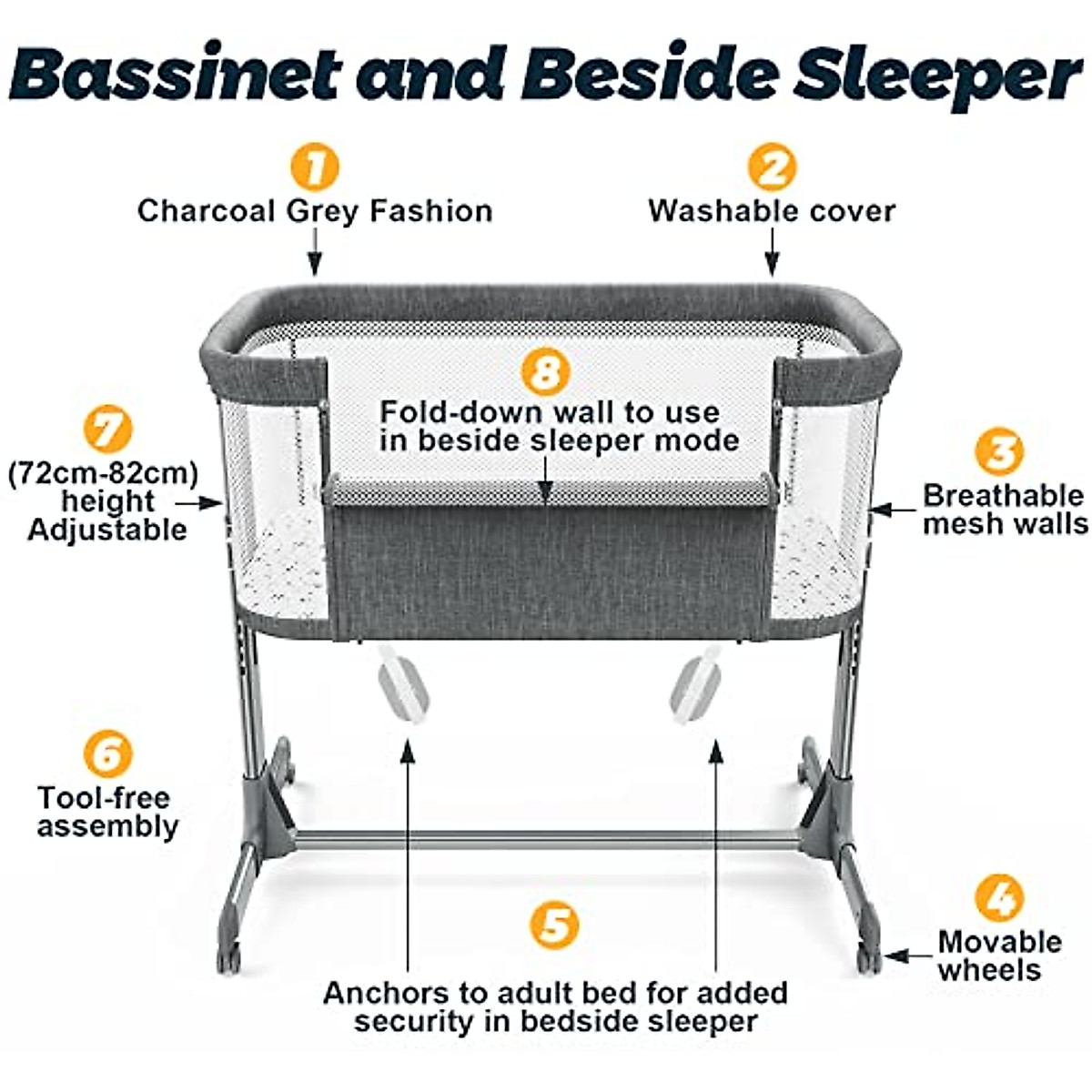 VANCLE Baby Bassinet Bedside Crib for Baby Sleeper, Portable Mesh Bassinet with Wheels & Comfy Mattress, Height Adjustable Baby Bed for Infants & Newborn Baby Boy & Girl (Grey)