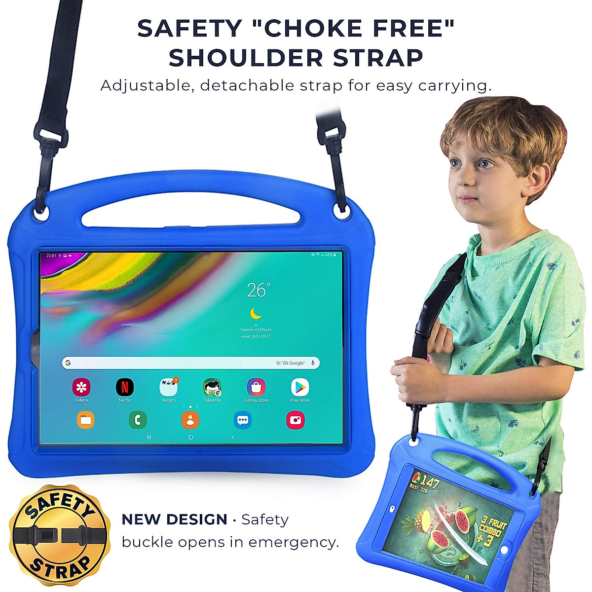 Bam Bino Space Suit Rugged Kids Case for Samsung Galaxy Tab S5e 10.5, Designed in Australia for Children, Built-in Screen Protector, Handle, Stand, Pencil Holder, Shoulder Strap (Galactic Blue)