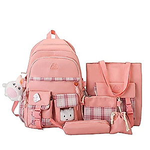 KOVPIFB 5 PCS Kawaii Backpack Set,Cute Plush Pendants & Pins Aesthetic Schoolbags for Teen Girls,Large Capacity Bookbags Pink