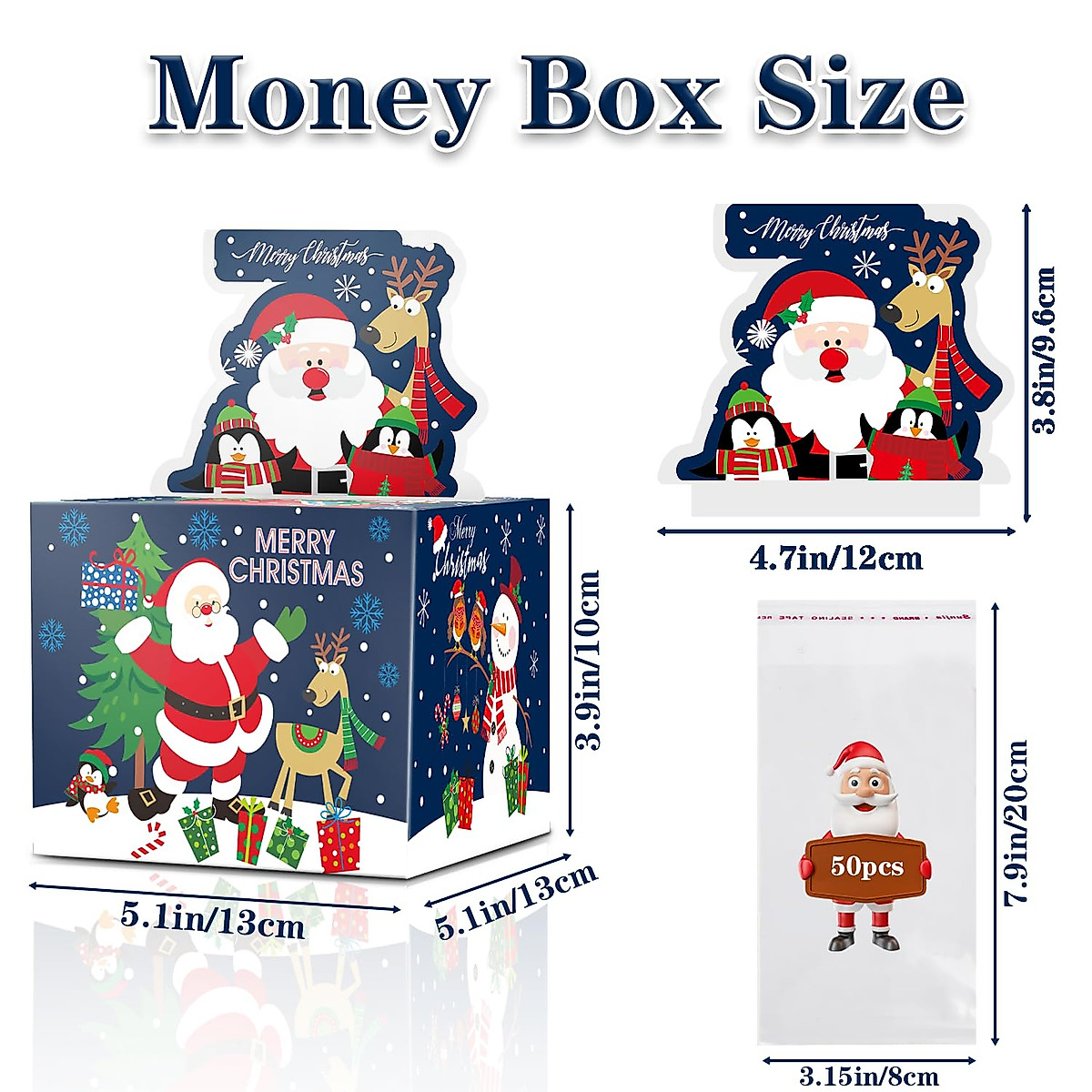 Christmas Money Box for Cash Gift Pull, Money Holder Cash Gift for Kids Adults, DIY Fun Holiday Cash Box, Surprise Gift Box for Parents, Lovers and Friends, Includes 50Pcs Transparent Bags (Blue)