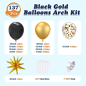 137Pcs Black and Gold Balloons Garland Arch Kit with Stars - 5 10 12 18 inch Black Gold Confetti Latex Party Balloons for 2024 Graduation Retirement Decorations Birthday