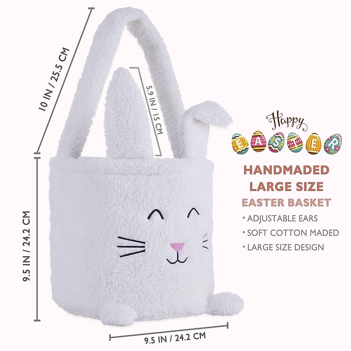 Easter Basket Fluffy Bunny, Easter Baskets for Kids, Easter Gifts for Girls & Boys, Large Easter Basket Storage, Light Weight Easy Carry, Foldable Bunny Ears, 9.5 x 9.5 Inches