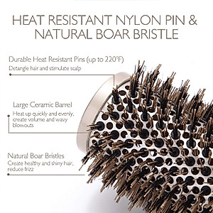 Baasha Hair Brush, Large 3 Inch Round Brush with Boar Bristle, Vented Ceramic Barrel, for Long Hair, Curly Hair, Salon Quality, 1 Count