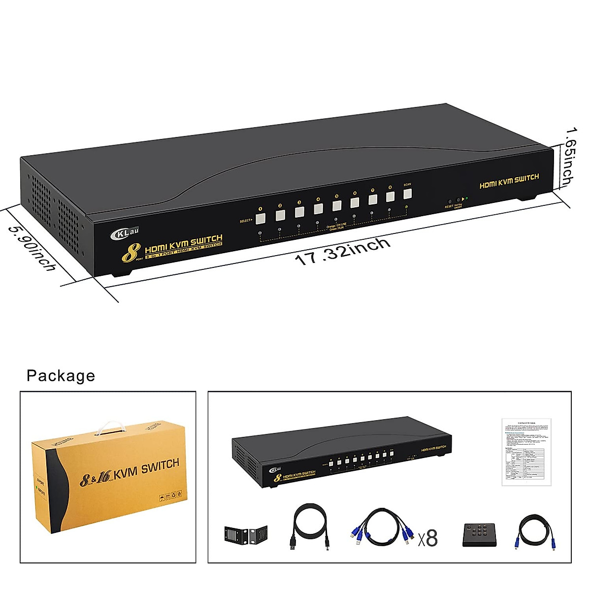 CKLau 4Kx2K 8 Port HDMI KVM Switch with Cables and USB 2.0 Hub, Rack Mount KVM Switch Supports Keyboard Mouse Switching for Windows, Linux, Mac, Debian, Ubuntu, Fedora, Raspberry Pi and Ubuntu