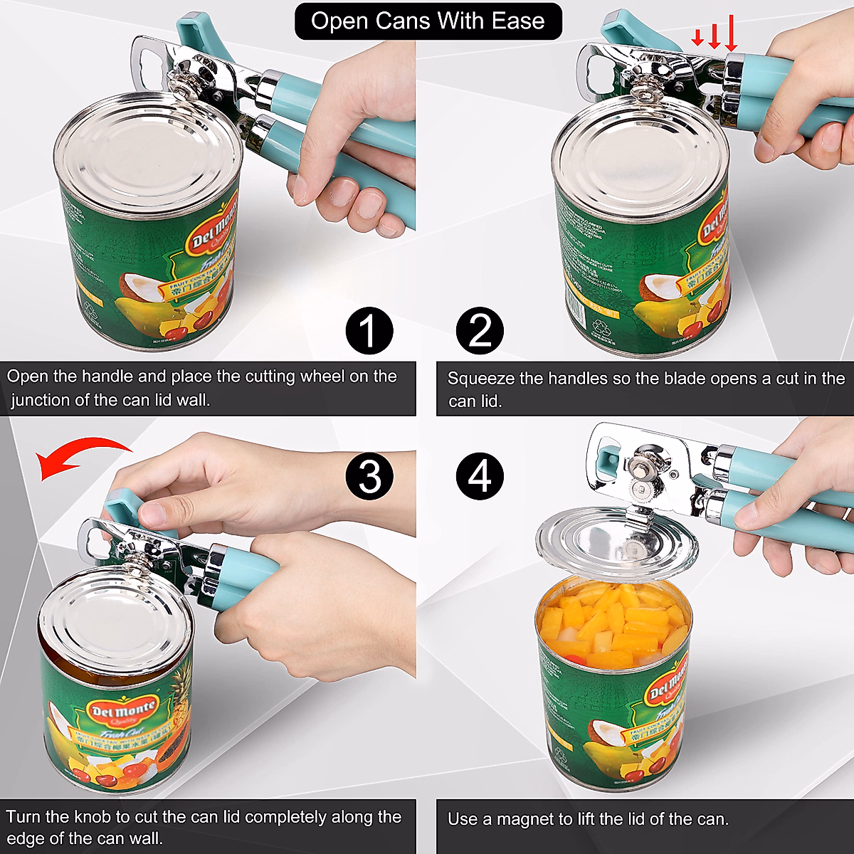 PAKITNER - Can Opener Manual, Safe Cut Heavy Duty Hand Can Opener with Magnetic Lifter, Stainless Steel with Sharp Blade Smooth Edge Can opener, Easy Big Turn Knob, with Bottle Opener, Aqua Sky