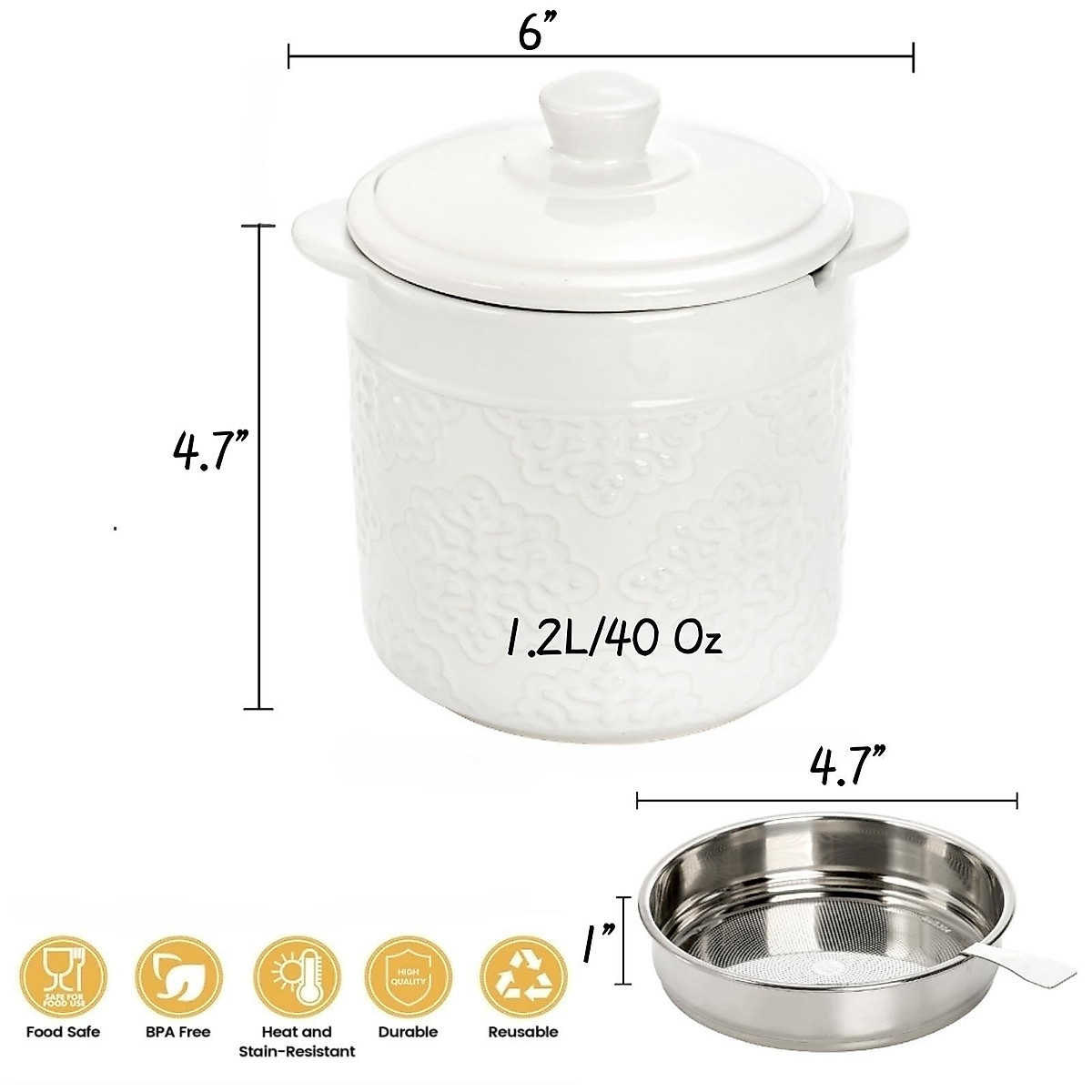 Lyellfe Ceramic Bacon Grease Container, 1.2L/40 Oz Oil Filter Pot with Strainer, White Carved Cooking Oil Container for Fat Frying Used Cooking Oil Kitchen