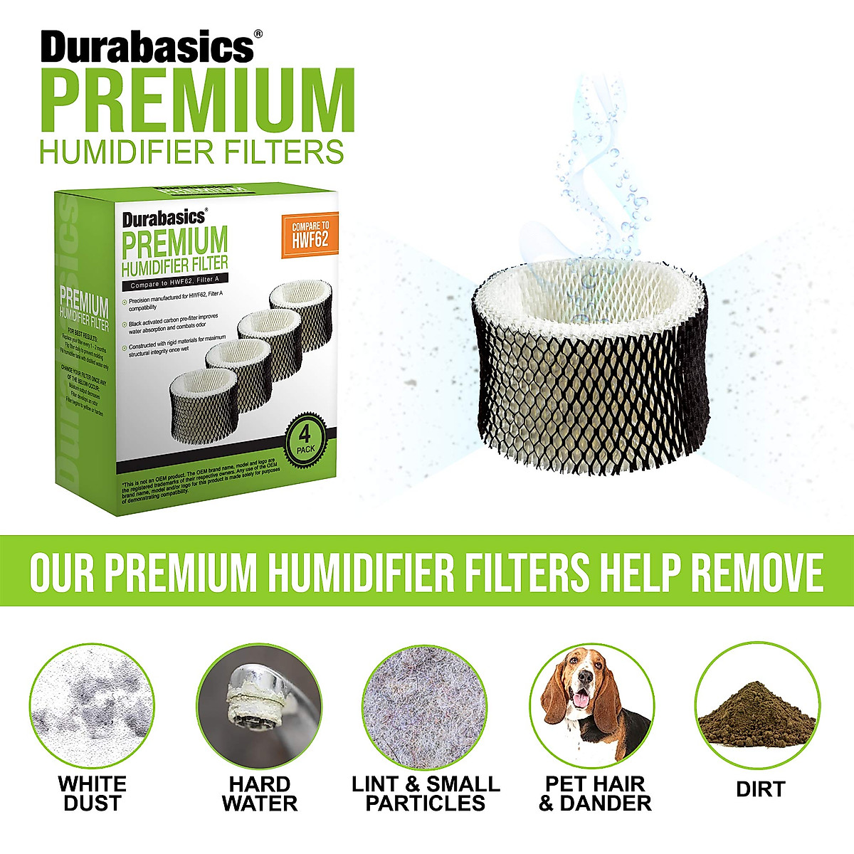 Durabasics 4 Pack Compatible Holmes HWF62 Humidifier Filter, Replacement for Holmes Humidifier Filter HWF62, Holmes A Filter Compatible, Compatible with Humidifier Filters Sunbeam Humidifier Filter A
