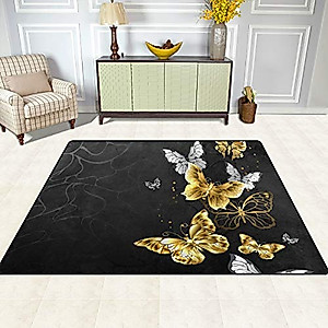 AGONA Gold White Butterflies Black Area Rug 5x7 Soft Large Area Rugs Indoor Modern Floor Carpet No-Shedding Non-Slip Rectangle Mat for Living Room Entryway Bedroom Kids Room