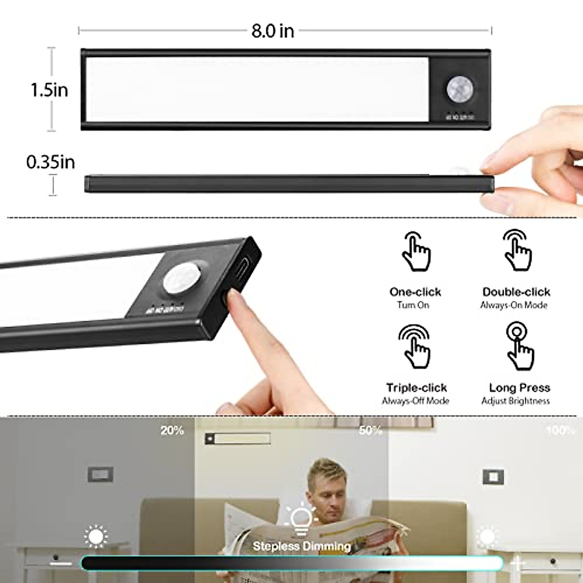 Under Cabinet Lights, 2 Pack 32 LED Closet Lights Motion Sensored Activated & Battery Operated, Wireless LED Under Counter Lights for Kitchen, USB Rechargeable Magnetic Cabinet Lighting for Bedroom