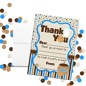 Milk & Cookies Blue & Brown Birthday Thank You Notes, Ten 4" x 5.5" Fill In The Blank Cards with 10 White Envelopes by AmandaCreation