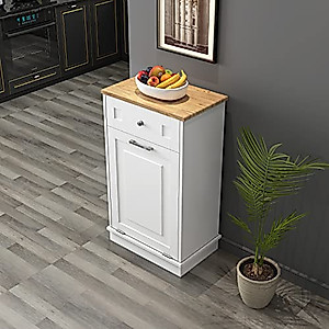 Goodyo Tilt Out Trash Bin Cabinet Kitchen Trash Can Wooden,Oak Top, White Free Standing w/Drawer