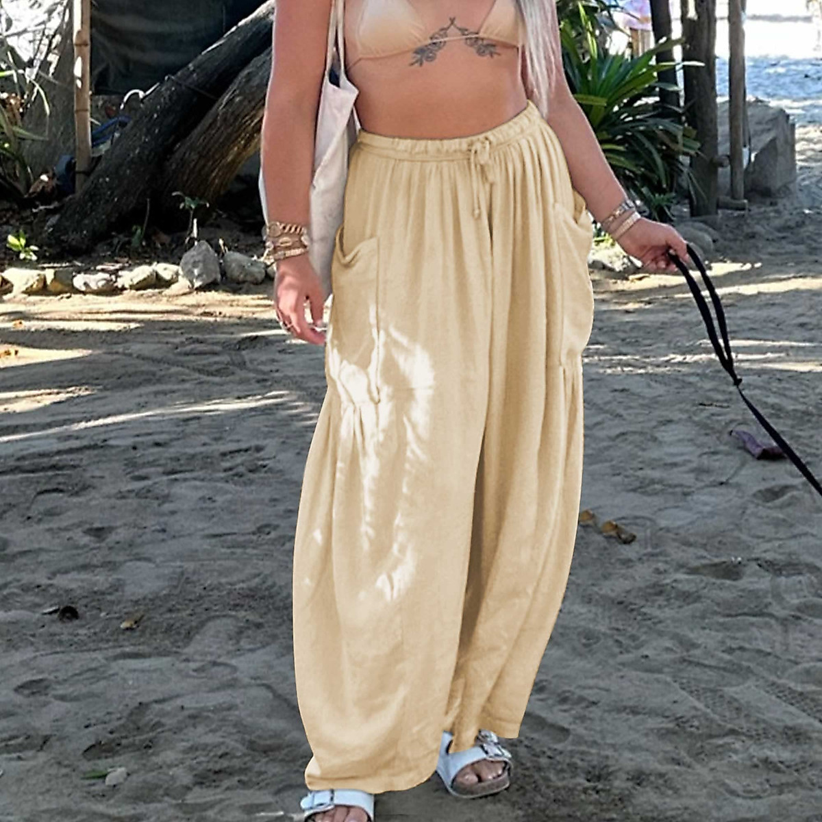 Hixiaohe Women's Casual Cotton Linen Lantern Pants Baggy Elastic Waist Drawstring Pleated Relax Fit Trousers with Pockets(Apricot,XL)