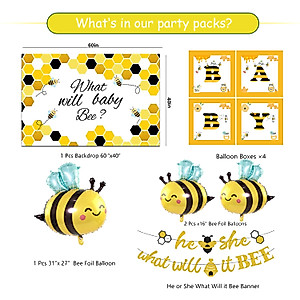 GREPARPY What Will It Bee Gender Reveal Party Decorations, Bumble Bee Baby Shower Supplies Include Banner, Tablecloth, Backdrop, Balloons, Boxes, Topper, Honey Bumble Bee Theme Party Decorations