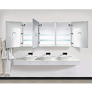 Krugg LED Medicine Cabinet 72 Inch X 36 Inch | Recessed or Surface Mount Mirror Cabinet w/Dimmer & Defogger + 3X Makeup Mirror Inside & Outlet + USB(Left Left Right)