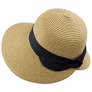 Womens Sun Straw Hat Wide Brim UV Protection Summer Hat Foldable Roll up Floppy Beach Hats with Bowknot Brown
