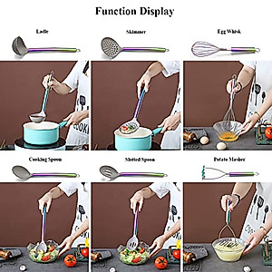 38 Piece Silicone kitchen Cooking Utensils Set with Utensil Crocks, Silicone Head and Stainless Steel Handle Cookware, Kitchen Tools for Utensil Set, Non-Stick kitchen Gadgets,Dishwasher Safe(Rainbow)
