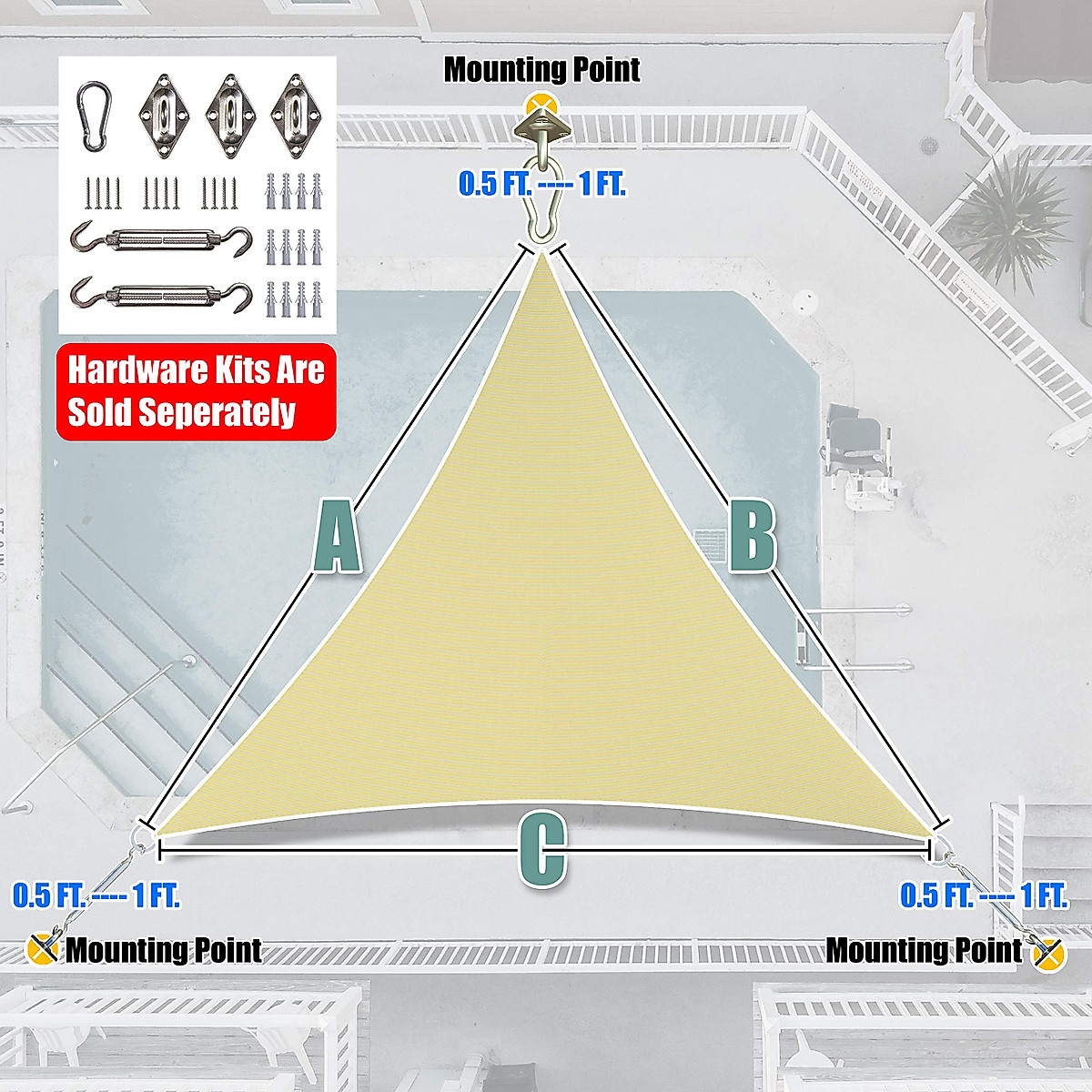 Amgo 10' x 10' x 10' Beige Triangle Sun Shade Sail Awning, 95% UV Blockage, Water & Air Permeable, Commercial and Residential (We Make Custom Size)
