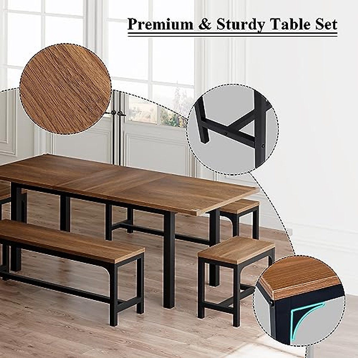 Feonase 5-Piece Dining Table Set for 6-10 People, 63" Large Extendable Kitchen Table Set with 2 Benches and 2 Square Stools, Dining Room Table with MDF Wood Board, Easy Assembly, Walnut