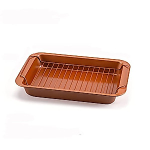 Nonstick Steel Roaster with Flat Rack Dishwasher Safe Large 14.5x10.5x2 inch PFOA Free Nonstick Roaster with Rack Cookware (14.5x10.5x2 inch, Gold)