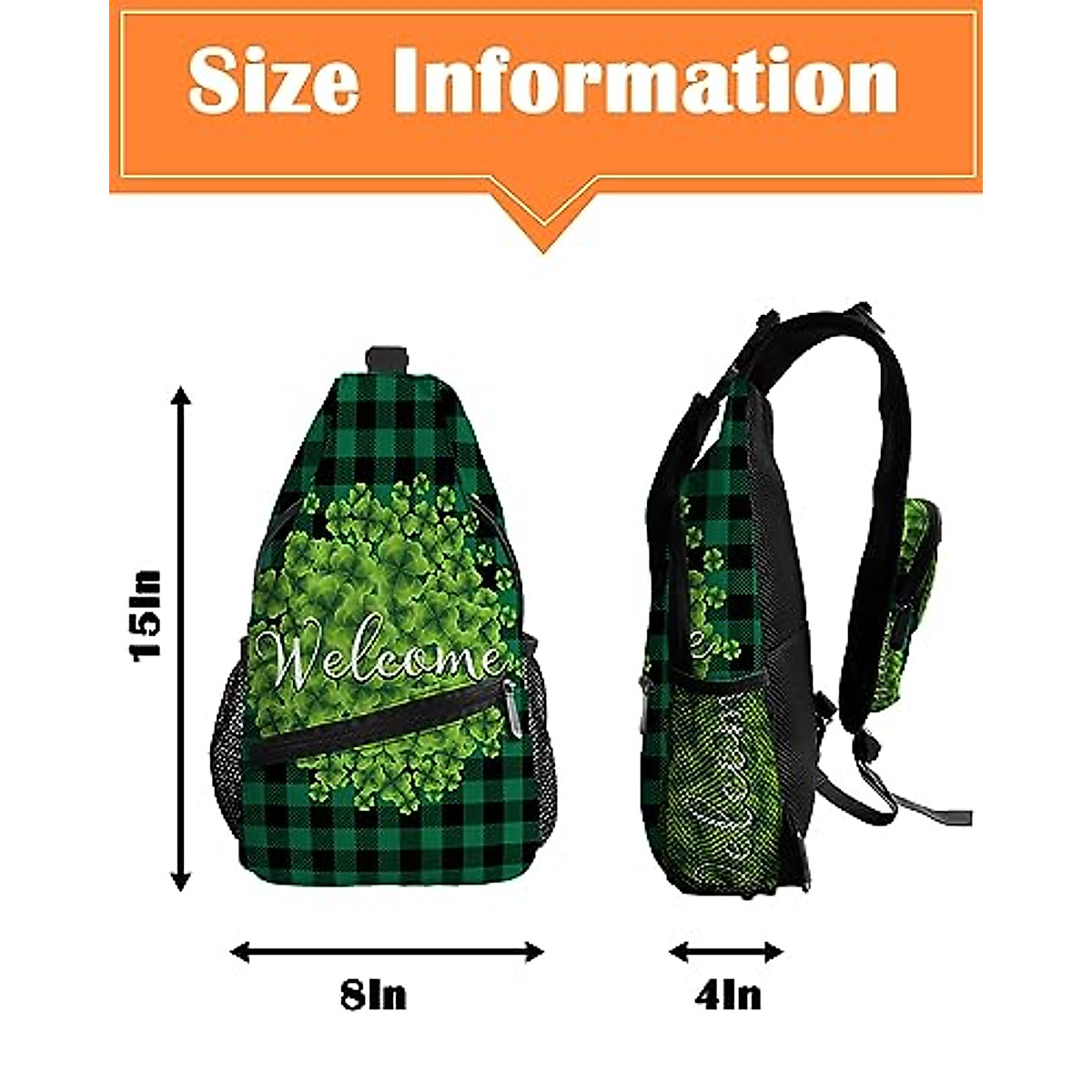 Sling Backpack, St. Patrick's Day Lucky Green Clover Leaves Green Plaid Waterproof Lightweight Small Sling Bag, Travel Chest Bag Crossbody Shoulder Bag Hiking Daypack for Women Men