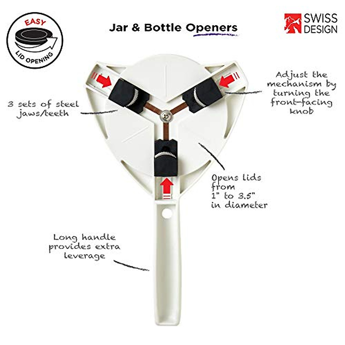 Kuhn Rikon Strain-Free Gripper Opener for Jars and Bottles, 8.75 x 4.25 x 2 inches, Red and Silver