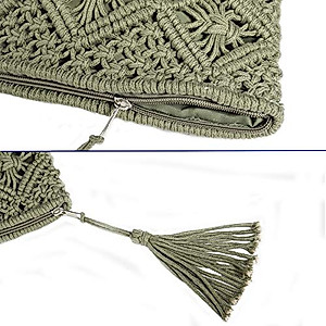 Magibag Crochet Tassel Handbag Straw Envelope Clutch Bag Cotton Macrame Purse Hobo Hand-Woven Beach Wristlet Bag with Zipper（01-Green