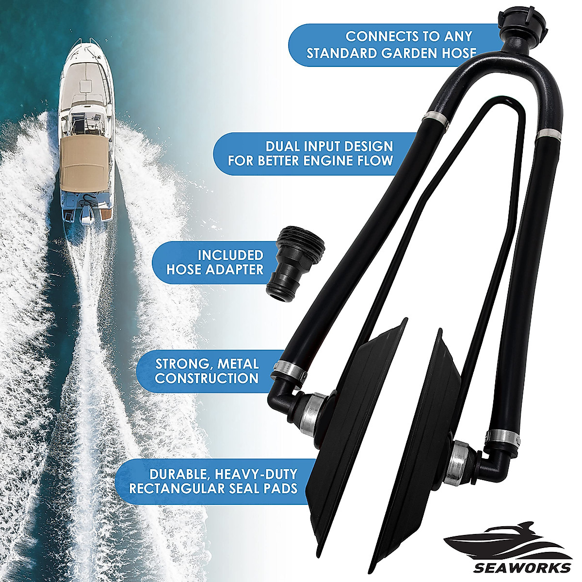 Seaworks Dual Feed Muff Style Boat Motor Flusher | Use for Antifreeze Winterization or Common Water Flush | 5/8 Inch Standard Garden Hose Connection (Black)