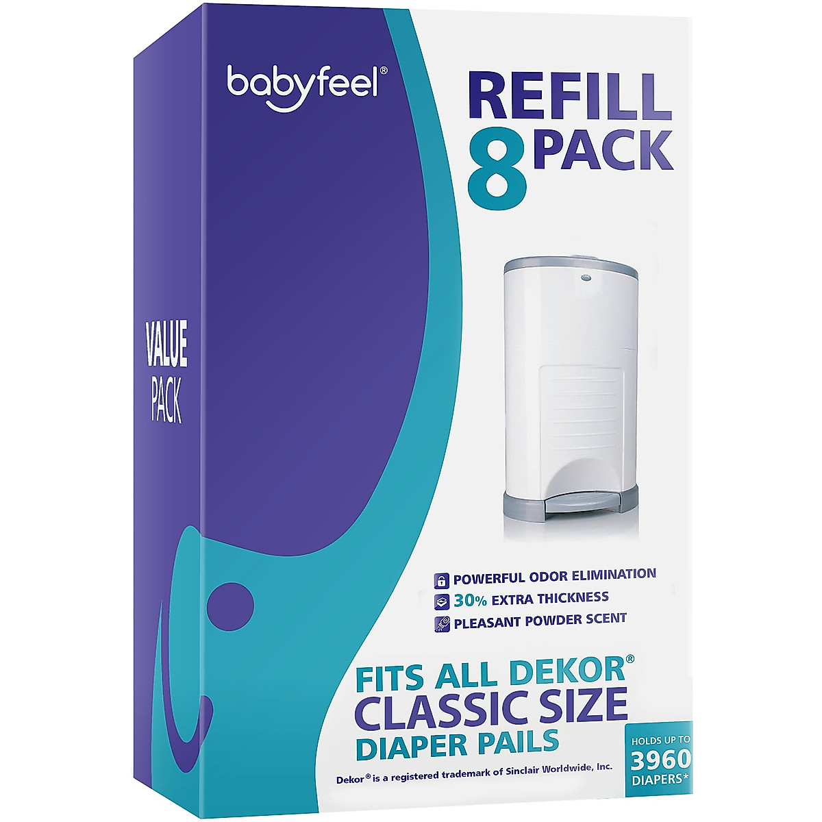 Babyfeel Refills Compatible with DEKOR CLASSIC Diaper Pails | 8 Pack | Exclusive 30% Extra Thickness | Diaper Pail Refills with Powerful Odor Elimination | Powder Scent | Holds up to 3960 Diapers