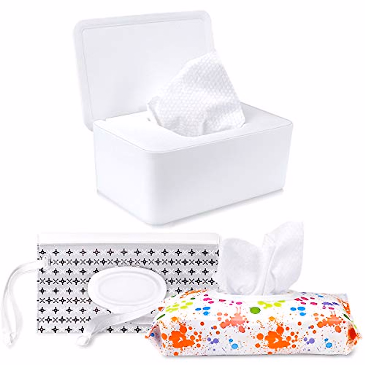 DOERDO 3 PCS Wipe Dispenser and Wet Wipe Pouch Bags Baby Wipe Holder with Lid Wipes Box Tissue Case Box Keeps Baby Wipe Fresh and Safe(White&2 Bags)