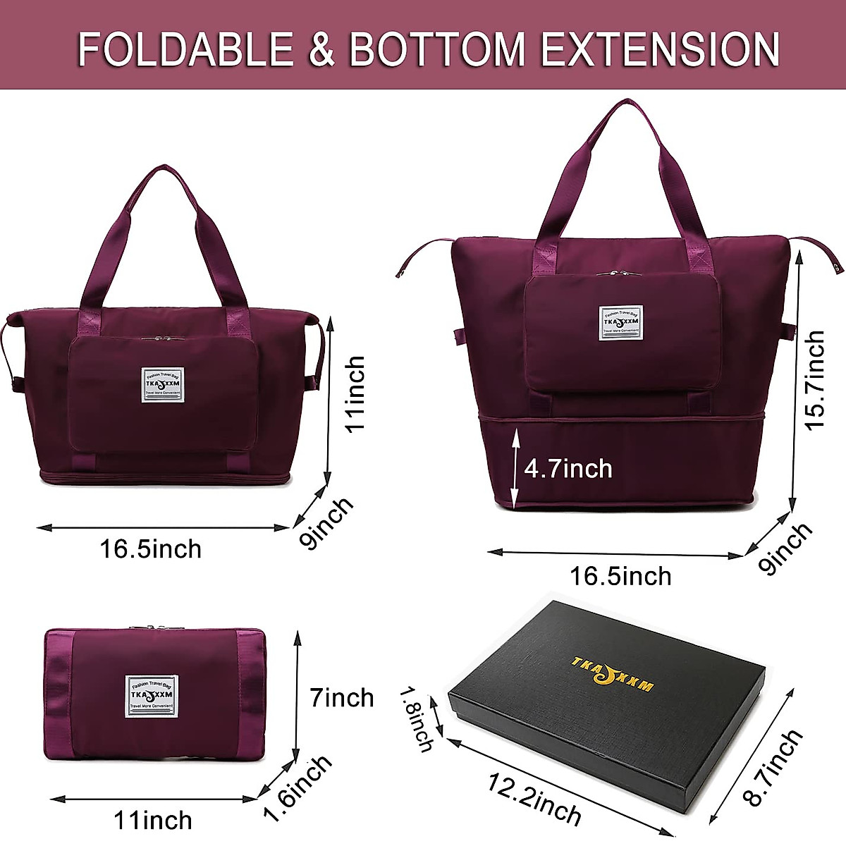 Foldie Travel Bag Expandable Tote Bag for Travel Large Capacity Travel Bag Lightweight Weekender Bag Dry And Wet Separation Folding Travel Bag for Gym, Travel, Vacation(Fuchsia)