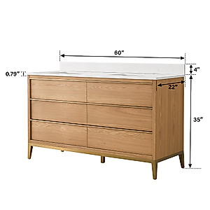 WELLFOR 60" Bathroom Vanity with Sink, Freestanding Wooden Bathroom Makeup Cabinet W/ 6 Soft-Close Drawers and Backsplash, Solid Wood Frame Bathroom Vanity (Light Oak)