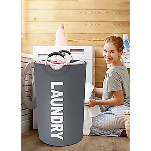 BlissTotes Large Laundry Basket Laundry Hamper Bag Washing Bin Clothes Bag Collapsible Tall With Handles Waterproof Travel Bathroom College Essentials Storage For College Dorm, Family (Grey, L)