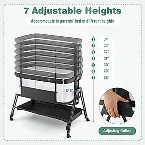 BABY JOY Bassinet Bedside Sleeper, Easy Folding Baby Crib w/All-Side Mesh, Storage Shelf, 7 Adjustable Heights, Mattress & Travel Bag for Safe Co-Sleeping, Portable Baby Bed for Newborn Infant -Gray
