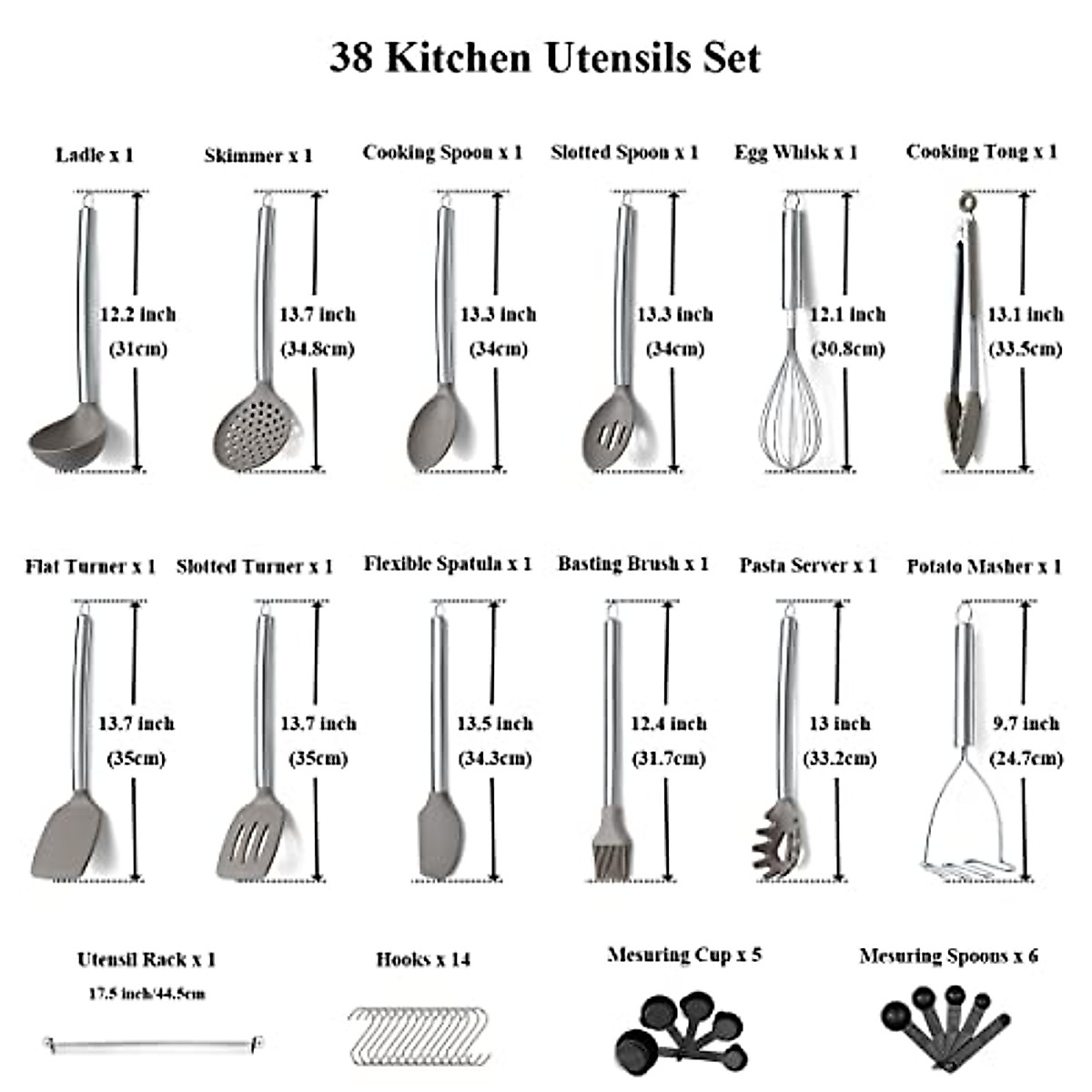 38 Piece Silicone kitchen Cooking Utensils Set with Utensil Rack, Silicone Head and Stainless Steel Handle Cookware, Kitchen Tools for Utensil Sets, Non-Stick kitchen Gadgets, Dishwasher Safe(Silver)