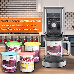 RYSIMWU For Ninja Creami Deluxe Pints and Lids 4 Pack, NC500 NC501 Ice Cream Pint fit for Ninja Delux Ice Cream Maker, 24 oz. food container for Ninja Creami Deluxe (Blue,Pink,Yellow,Green)