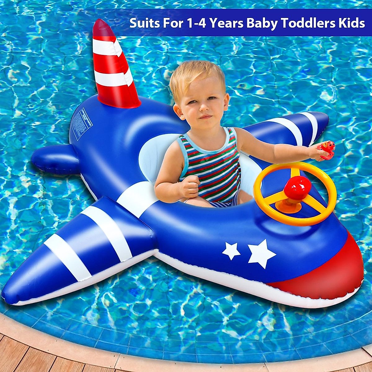 AMENON Toddler Pool Float with Safety Seat & Backrest, Large American Flag Airplane Swimming Pool Floats Kids Patriotic Summer Beach Toys Pool Floaties for Baby Toddlers Kids Age 1-4 Years