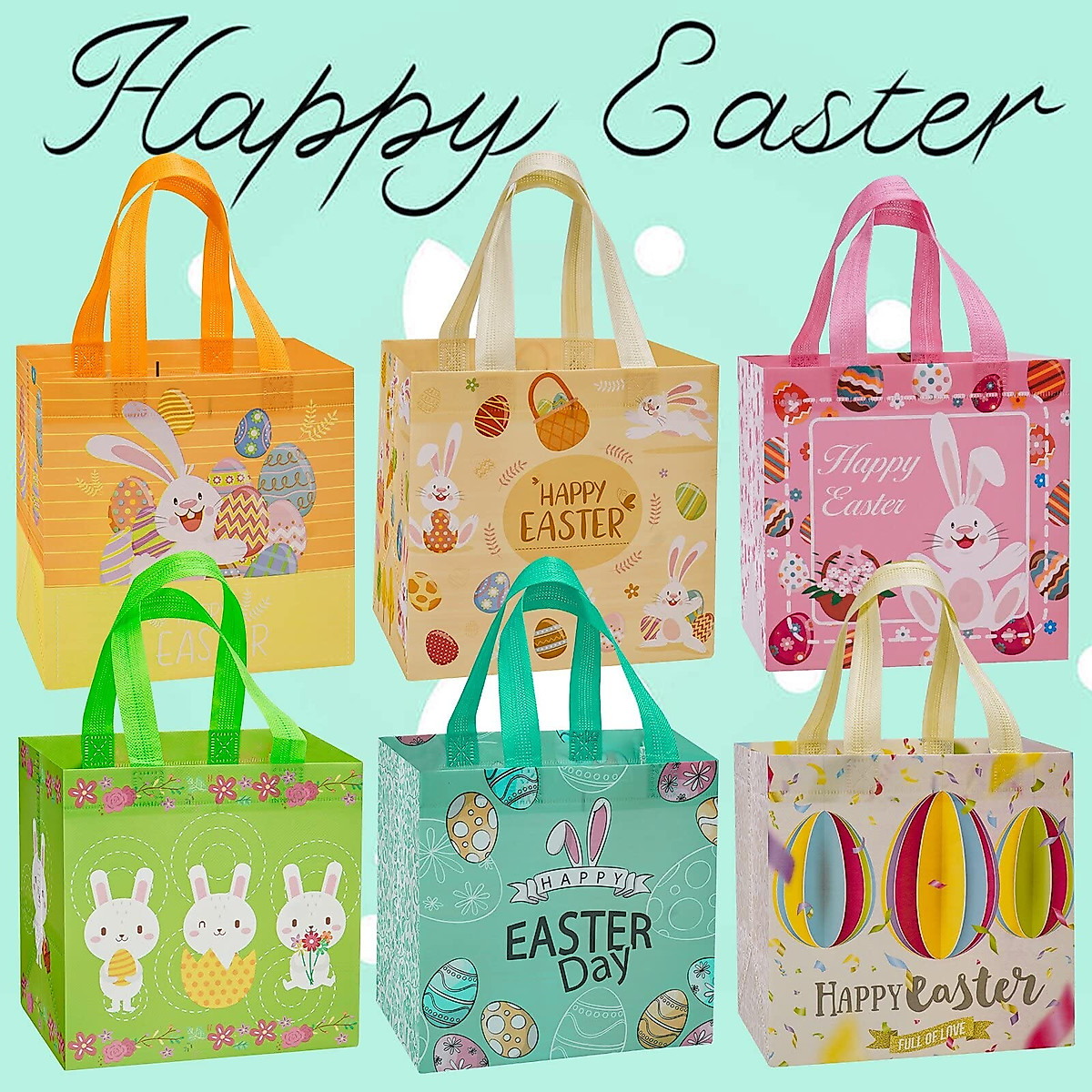 Fayayuan 12PCS Easter Gift Bags Large Reusable Bunny Egg Easter Basket Tote Bags,Non-Woven Easter Treat Bags for Gifts Wrapping, Egg Hunt Game, Easter Party Supplies, 8.3×7.9×5.9inch