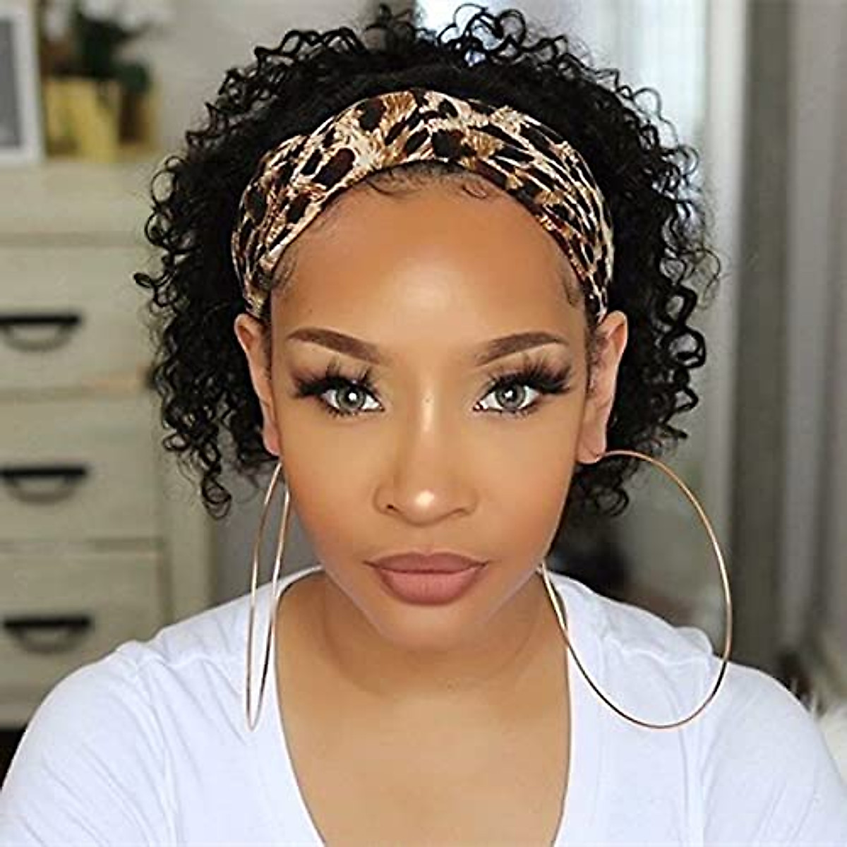 HeadBand Wig Curly Human Hair Wig None Lace Front Wigs for Black Women Deep Wave Machine Made Wigs Natural Color 150% Density 14inch