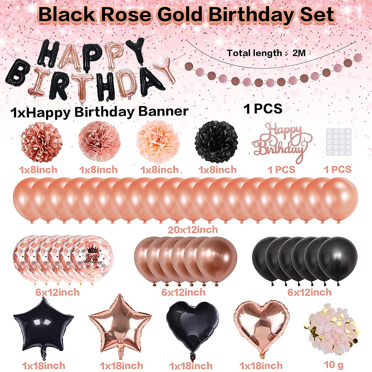 Birthday Decorations Rose Gold Black, ‎KISPATTI 51 Pieces Rose Gold Black Birthday kit with Happy birthday Foil Confetti Balloons, Birthday Party Decorations Supplies for Women Girls 21 30 40 50 70th