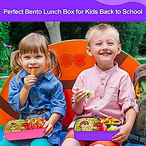 KEMETHY Bento Lunch Box for Kids, Purple, 4 Compartment Leakproof Lunch Box with Built-in Utensils, Microwave/Dishwasher/Freezer Safe, BPA-Free and Reusable
