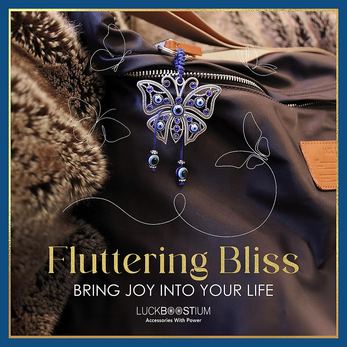 LUCKBOOSTIUM Evil Eye Keychain, Blue Butterfly Keychain Accessories with Rhinestones, Bag Charms for Handbags, Purse Decorations, Car Keychain, Home & Car Hanging Ornament, Evil Eye Gifts for Women