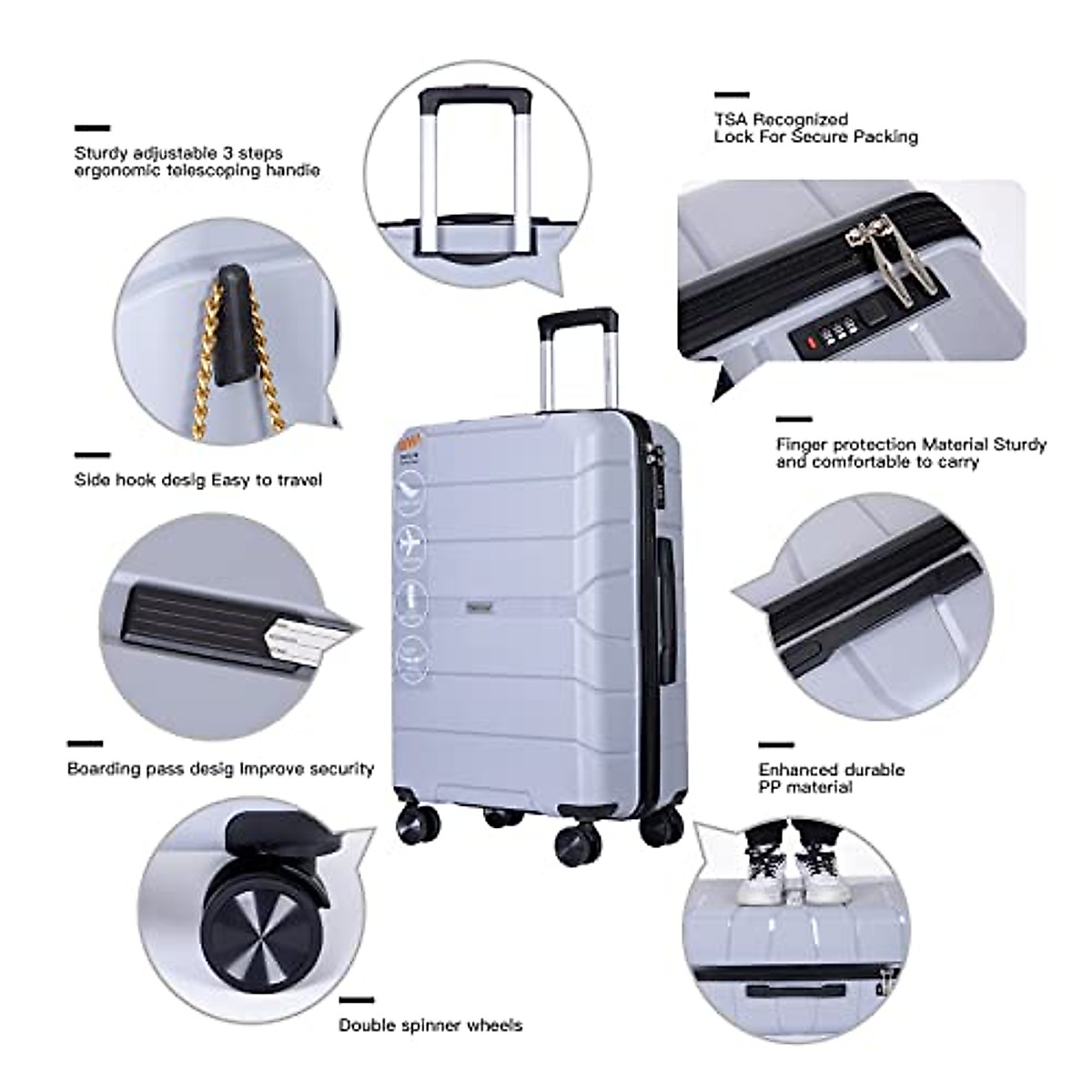 Travelhouse hardshell 3 Piece Set, PP Hard Wheel Suitcase Set with Spinner Wheels, TSA Lock, 20 inch 24 inch 28 inch Women's Luggage Set (Silver)