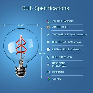 Feit Electric 60 Watt Equivalent Smart Filament Globe Bulb, Spiral Filament WiFi Dimmable, Works with Alexa and Google Assistant No Hub Required, G30 Vanity LED Smart Light Bulb G3060/RGBW/FIL/AG