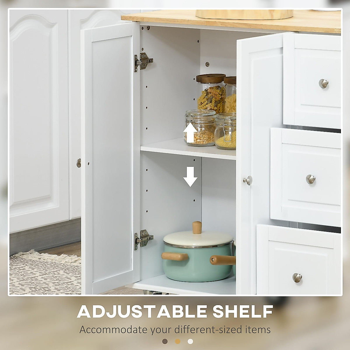 HOMCOM Kitchen Island with Drop Leaf, Rolling Kitchen Cart on Wheels with 3 Drawers, Cabinet, Natural Wood Top, Spice Rack and Towel Rack, White