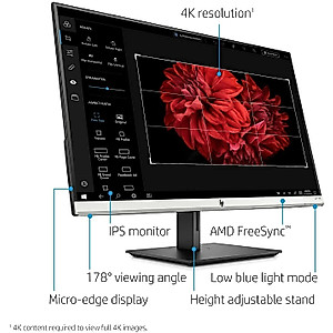 HP New Premium 27f 4K Monitor: 27" UHD 3840 x 2160 (4K) IPS Micro-Edge Display, AMD FreeSync Tech, Height/Tilt Adjustment, HDMI, DisplayPort, 5ms Response time, 16:9 Aspect Ratio, 60Hz,TF HDMI Cable