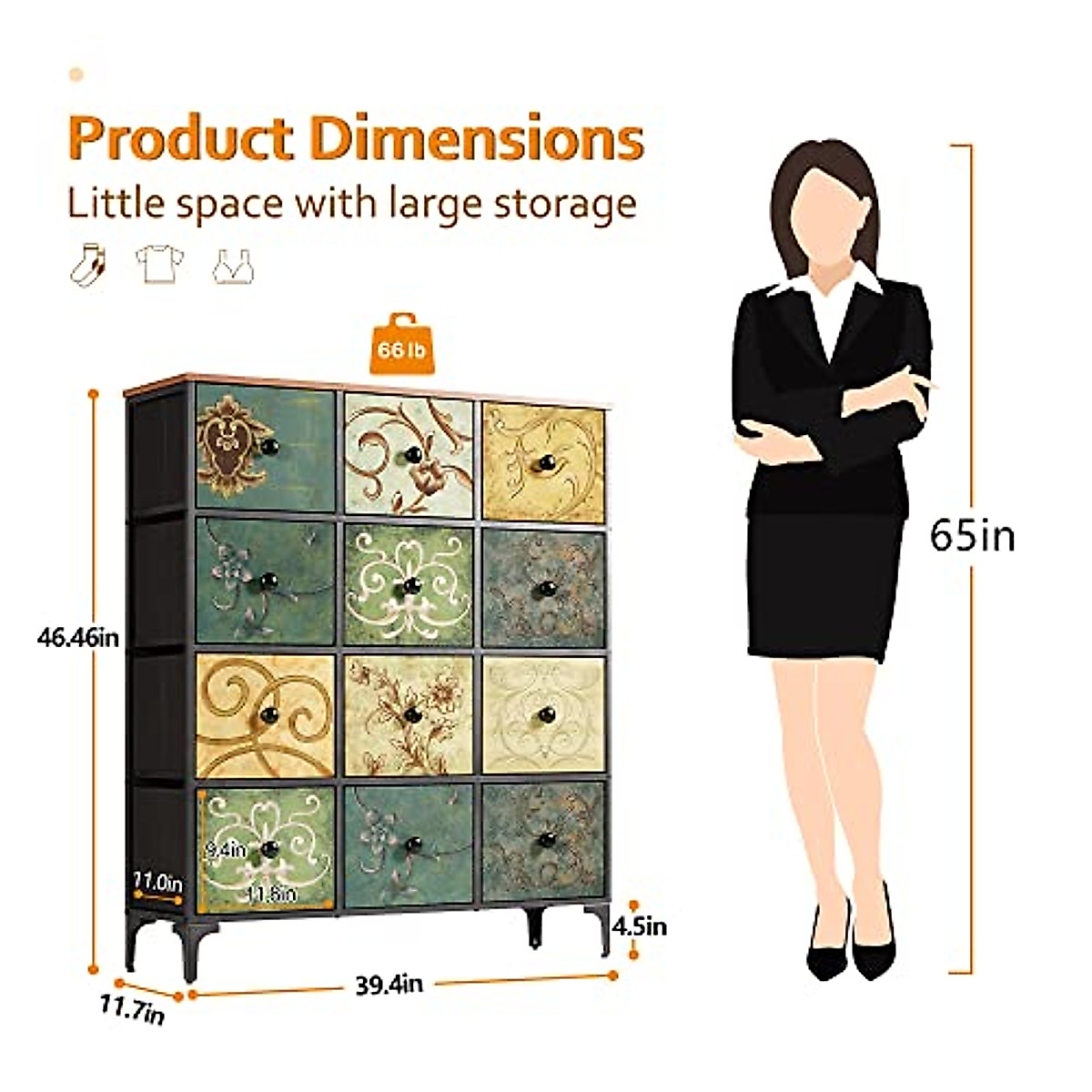 AOPSEN 12 Drawer Dresser, Tall Dressers for Bedroom with Storage Drawer, Wide Chest of Drawers for Bedroom, Wooden Top and Metal Frame, Modern Bedroom Dresser for Clothes Closet Kids Living Room