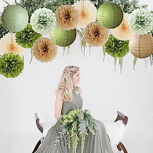 Olive Green and Brown Party Decorations Sage Green Paper Lanterns Champagne Tissue Paper Pom Poms Beige Paper Fans Kit for Birthday Bridal Shower Wedding Olive Green and Brown Baby Shower Decorations