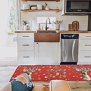 Kitchen Rug and Mat Set Merry Christmas Reindeer Robin,Non-Slip Doormats Comfort Durable Floor Runner,Winter Snowflakes on Red Washable Standing Carpet for Bedroom Living Room Decor