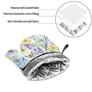 Oven Mitts and Pot Holders Sets 4 Piece, Retro Pastel Flowers Lavender Butterfly Oven Gloves Heat Resistant Non-Slip for Kitchen Cooking Grilling Baking